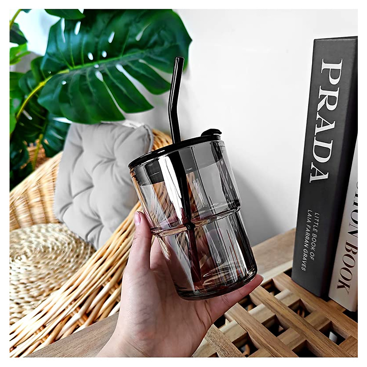 BLUEPOLAR 13oz/400ml Tumbler Water Glass, Water Bottle with Straw and Lid Sealed Carry on, Glass Coffee Mug Iced Tea Cup Thick Wall Insulated Glass Cup (Gray)