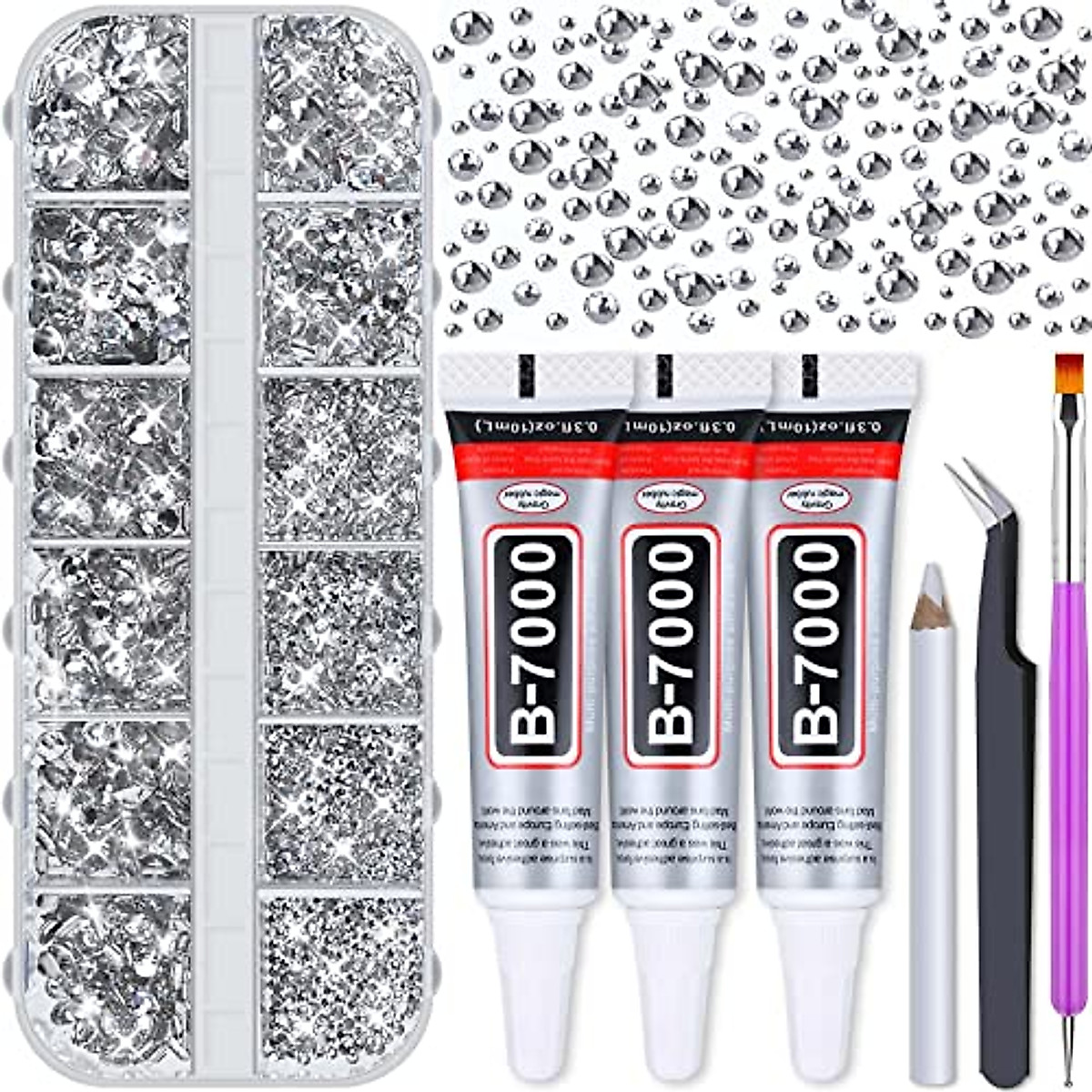 Audab B7000 Jewelry Adhesive Glue with Rhinestones for Crafts, 2100Pcs Flat Back Gems Crystal Rhinestones with Tweezer Dotting Tools Clear Glue for DIY Clothes Fabric Shoes Jewelry Making Nail Art