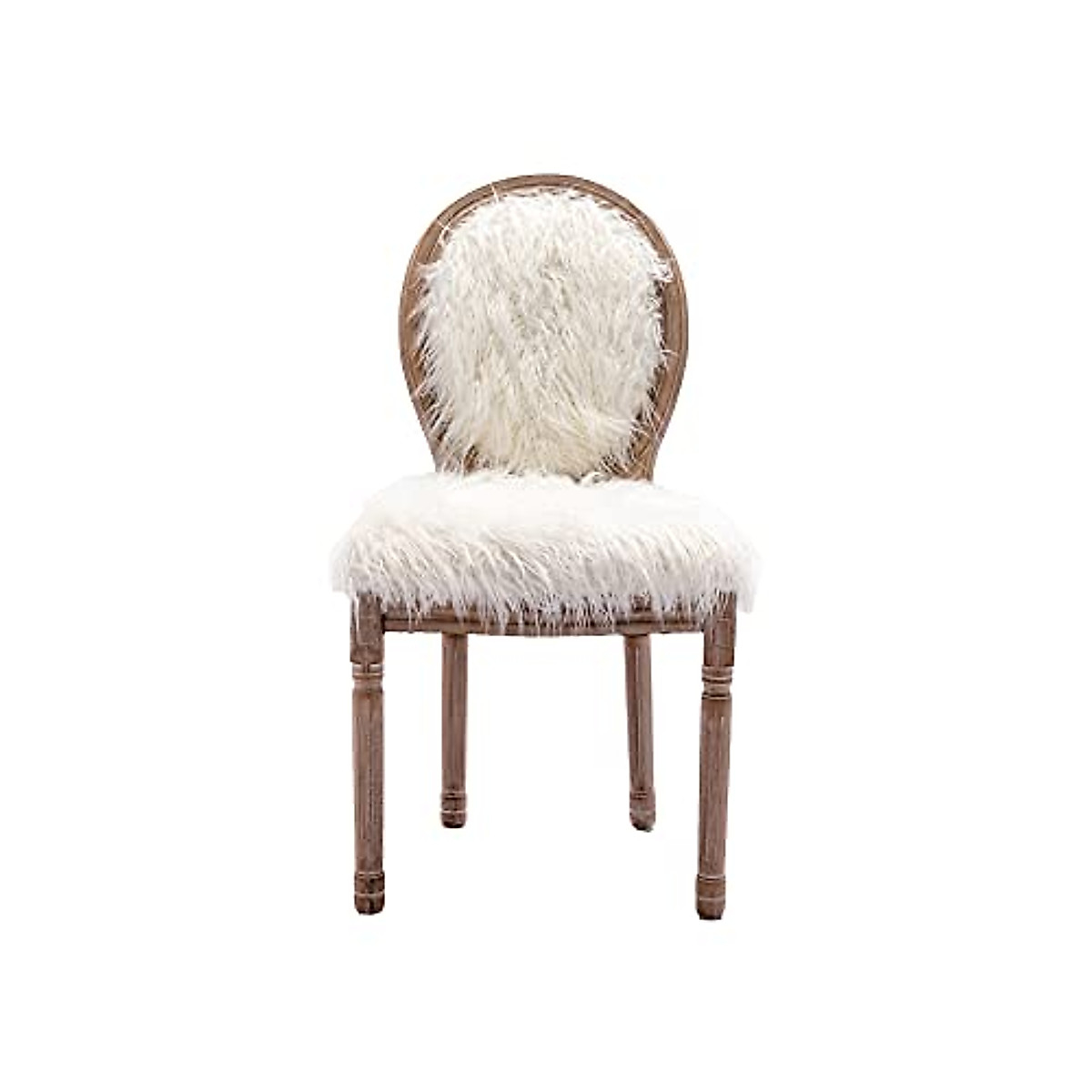 AWQM Faux Fur Dining Chairs Set of 2,Vintage Elegant French Chair with Round Back Distressed Wood,Mid Century Furry Vanity Chair,for Kitchen Dining Room Living Makeup Room, White