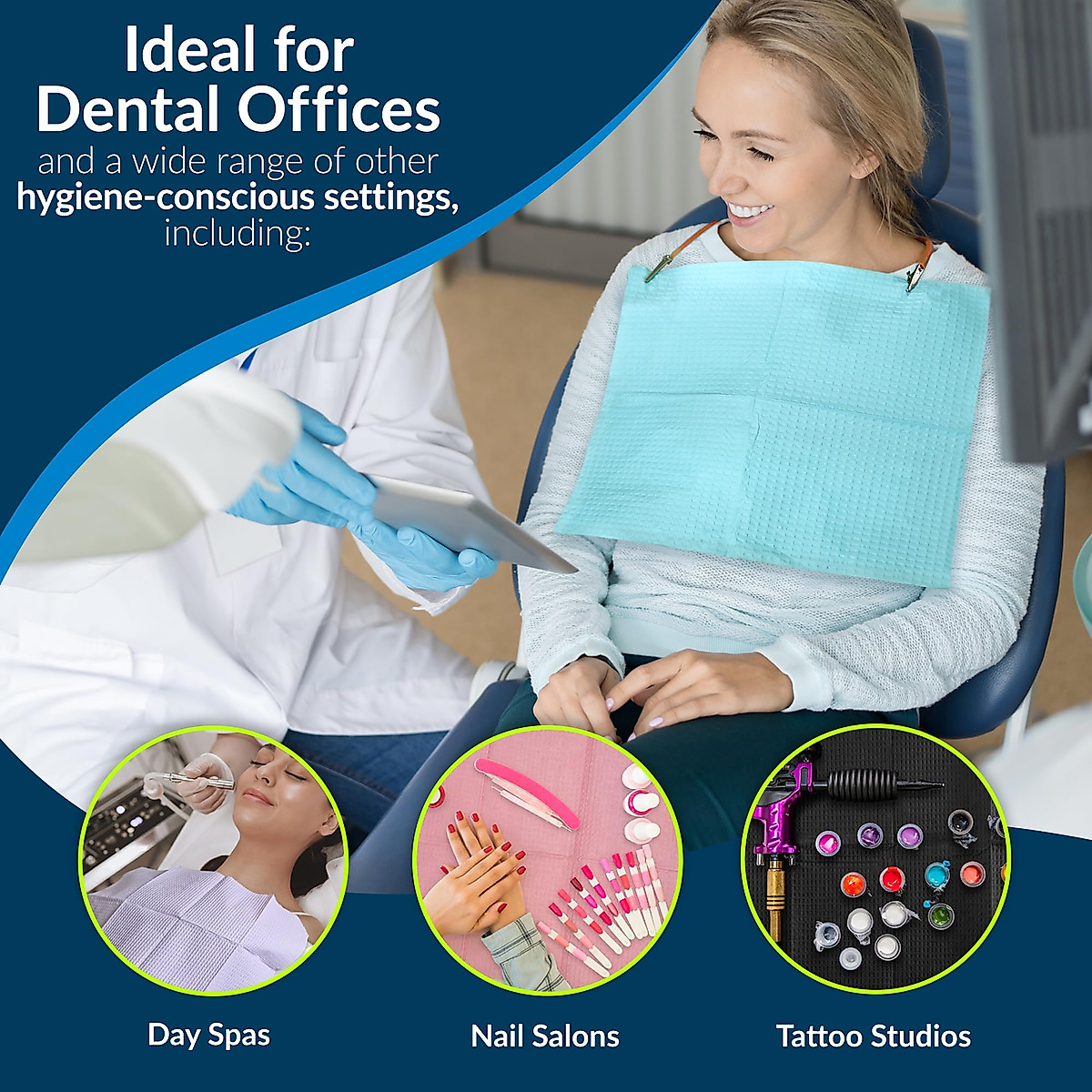 Avalon Papers Bibs/Towels, Blue, 13" x 18" (Pack of 500) - Waffle Embossed - 2-Ply Tissue - Poly Back Dental Bib to Prevent Leak Through - Dental Consumables (1053)