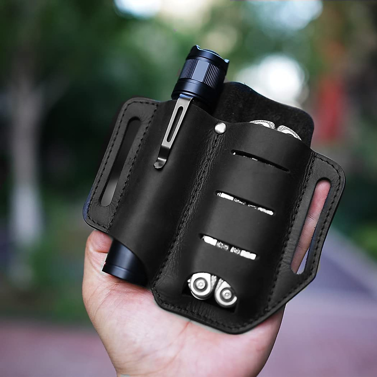 VIPERADE PJ8 Small EDC Leather Sheath for Belt, Leather Multitool Sheath, EDC Belt Organizer, Handmade 2 Pockets Belt Leather Slip Sheath, Leather EDC Pocket Organizer for Men