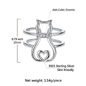 SILVERCUTE 925 Sterling Silver Cat Cute Ring Glittering Heart Cubic Zirconia Sparkle Adjustable Ring