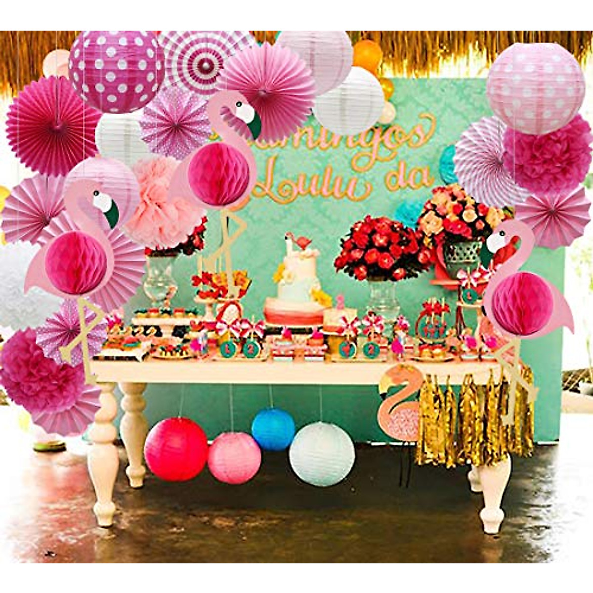 Meiduo Tropical Flamingo Party Honeycomb Decoration, Hawaiian Summer Party Supplies for Adults Kids Birthday Bridal Shower with Flamingo Paper Fans Pom Poms Flowers Paper Lanterns (Pink)
