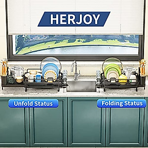 HERJOY Dish Drying Rack for Kitchen Counter, Large Dish Rack Expandable Black Drying Dish Drainers Rack, Anti-Rust Drying Rack with Drainboard and Cup Holders Rack Organizer