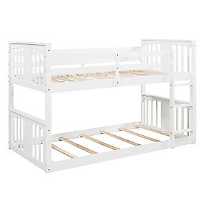 Twin Bunk Beds Low Bunk Bed Frame Wood Twin Over Twin Bunkbed for Kids Toddlers Boys Girls Bedroom, White