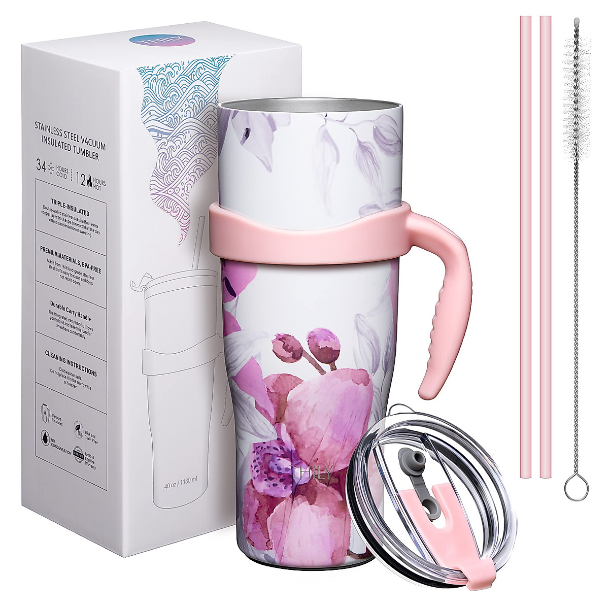 THILY 40 oz Insulated Tumbler with Handle - Stainless Steel Coffee Travel Mug with Lid and Straws, Keep Drinks Cold for 34 Hours or Hot for 12 Hours, Dishwasher Safe, BPA Free, Lotus Flower