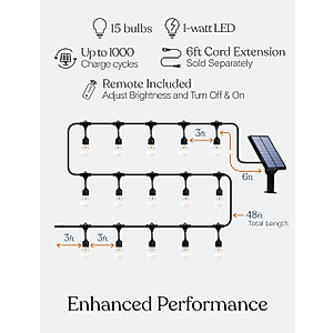 Brightech Ambience Pro – Solar Power Remote Control Outdoor String Lights with Edison Bulbs – Shatterproof, Commercial Grade LED Waterproof Patio Lights – 1W, 3,000K, Hanging, 48 ft