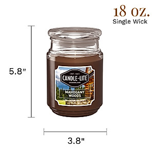 Candle-lite Scented Candles, Mahogany Woods Fragrance, One 18 oz. Single-Wick Aromatherapy Candle with 110 Hours of Burn Time, Brown Color