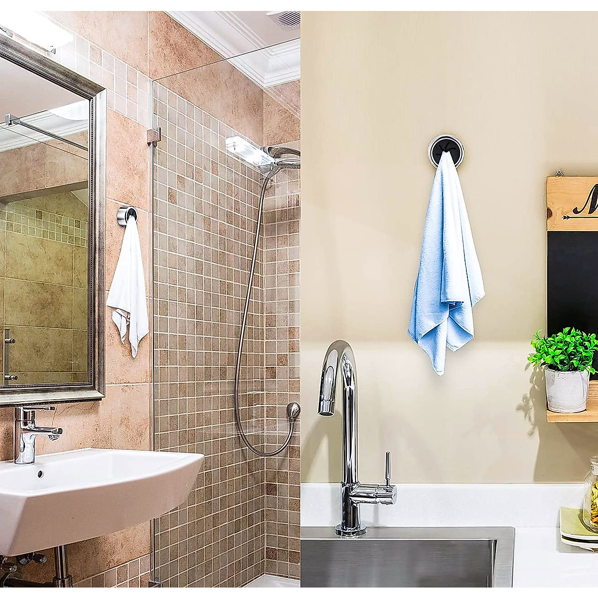 Eiqer 8 Pack Kitchen Towel Holder, Self Adhesive Wall Dish Towel Hook, Round Wall Mount Towel Holder for Bathroom, Kitchen and Home, Wall, Cabinet, Garage, No Drilling Required