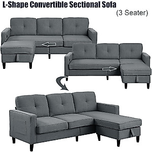 Uoobmope 78" L Shaped Sectional Couch, 3-Seat Sectional Sofa w/Movable Storage Ottoman & USB, Upholstered Linen sofa w/Reversible Chaise Lounge for Apartment,Compact/Small Spaces-Dark Grey