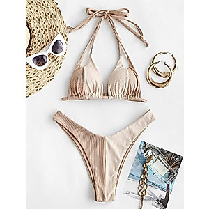 ZAFUL Two Piece Ribbed Colorblock Triangle Bikini Set for Women Adjustable Dual Strap High Cut Bathing Suit Size 4