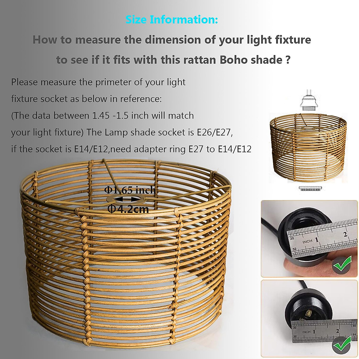 Rattan Drum lamp shades rattan Chandelier Shades Woven Boho Rattan Lampshade Chandelier Shades Pendant light Covers E26 E27 Replacement Table Lamp Floor Lamps Lampshades(Dark Brown)