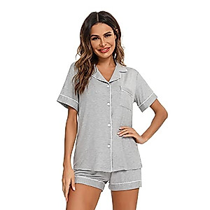 Aamikast Button Up Pajama Set for Women Shorts Short Sleeve Knit Sleepwear 2 Pice Pjs Sets (X-Large, Light Gray)