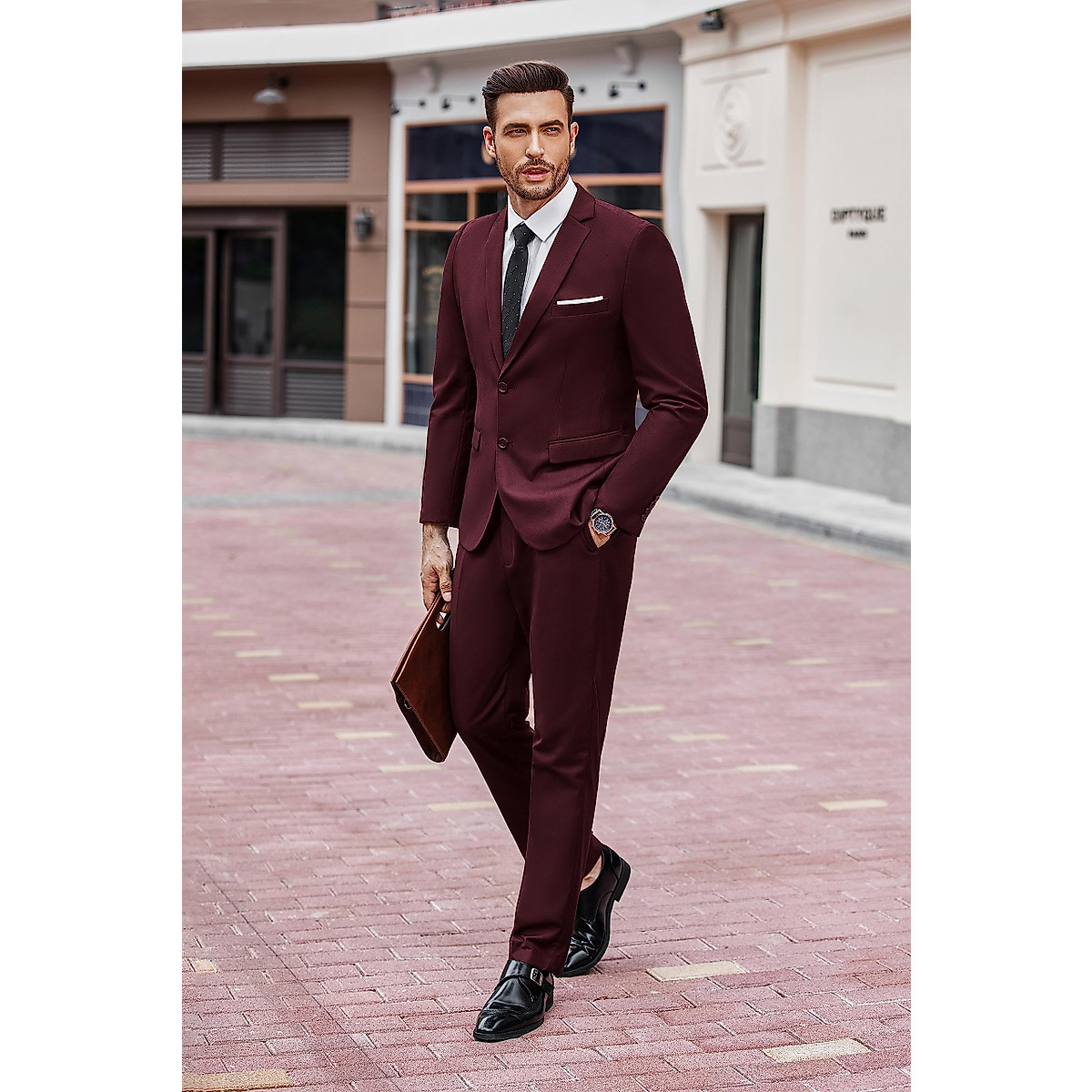 COOFANDY Christmas Suits for Men 2 Pieces Slim Fit Solid Color 2 Buttons Jacket Pants for Wedding Dinner Party Burgundy