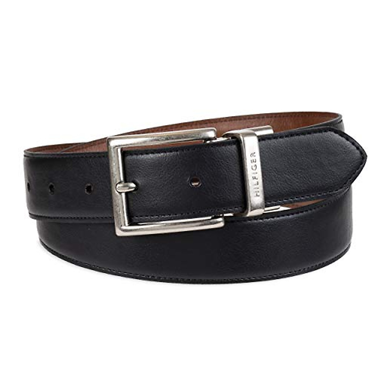 Tommy Hilfiger Men's Reversible Leather Belt - Casual for Mens Jeans with Double Sided Strap and Silver Buckle , cognac/black, 34