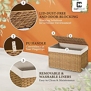 CAPHAUS Handwoven Storage Basket w/Lid and Handles, 2 Removable Liner Bags, Foldable Clothes Basket for Laundry, Large Synthetic Rattan Laundry Basket w/Lid, Laundry Basket w/Lid, 160L, Brown