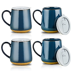 HVH Ceramic Coffee Mug with Lid, 17oz Coffee Mugs Set of 4, Ceramic Coffee Cups Set with Large Handle, Large Ceramic Mug with Lid for Coffee, Tea and More, Farmhouse Style (Blue)