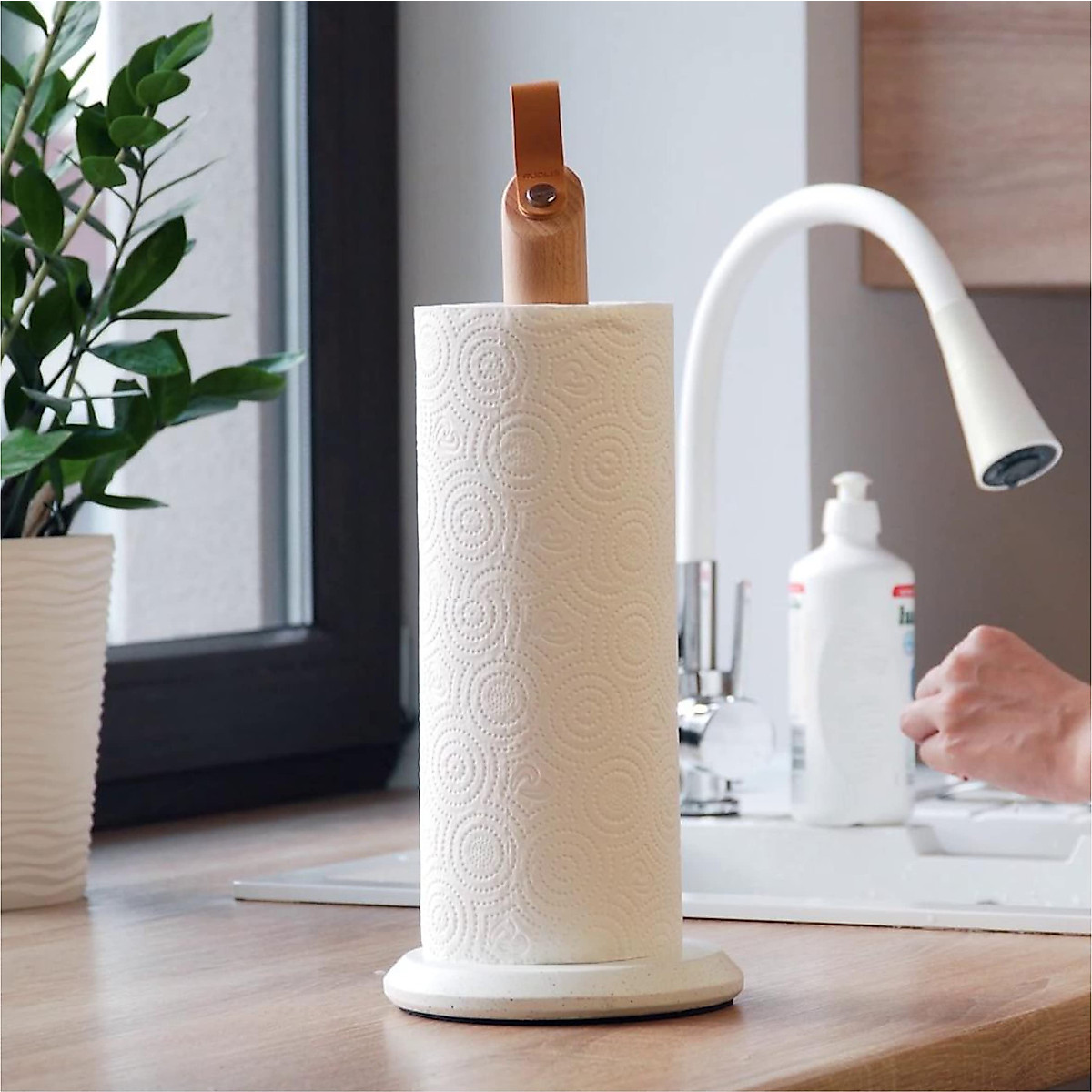 Paper Towel Holder Countertop - Auolis Wooden Paper Towel Rack - Stand Kitchen Accessories Paper Towels Rolls Dispenser with Leather Handle & Cement Base ,for Bathroom and Farmhouse(White)