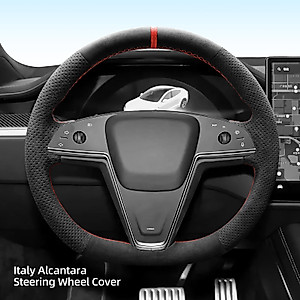 Alfanxi Hand Stitch Alcantara Steering Wheel Cover Compatible with Tesla Model S Base Plaid (Red Stripe)