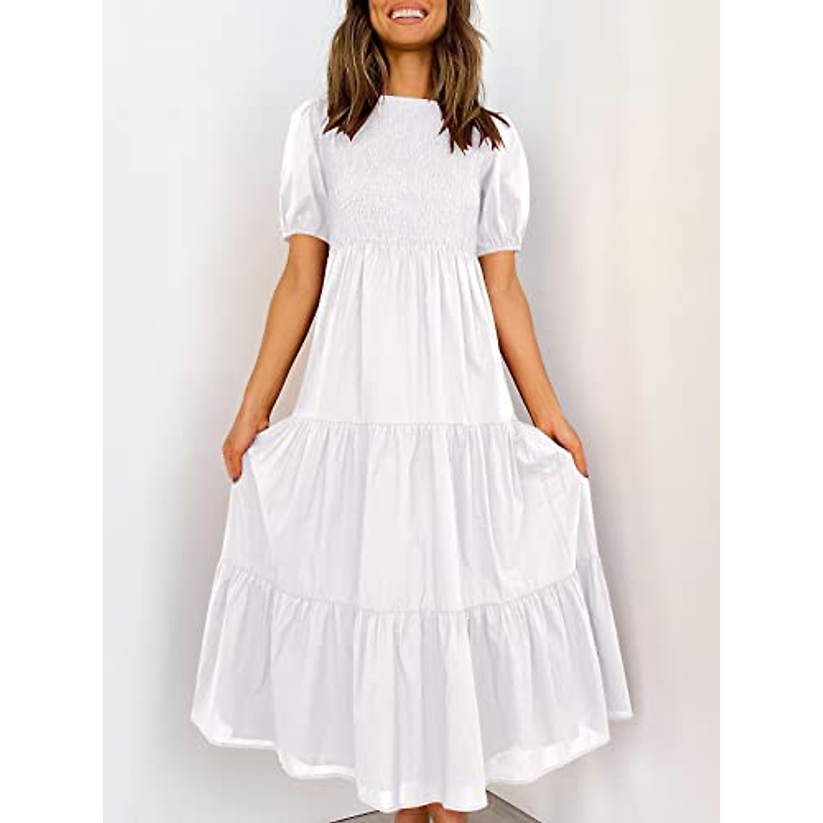 LOGENE Women Short Sleeve Crew Neck Smocked Elastic Waist Tiered Maxi Dress Summer Boho Solid Color Sun Dresses-484-baise-L