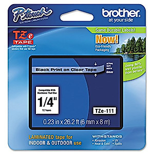 Brother Tze111 Tze Standard Adhesive Laminated Labeling Tape, 1/4-Inch W, Black On Clear