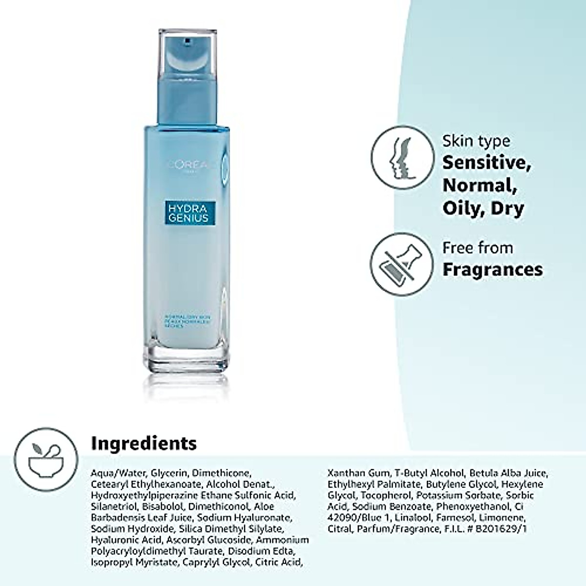 L'Oreal Paris Skincare Hydra Genius Daily Liquid Care Oil-Free Face Moisturizer for Normal to Dry Skin, Hyaluronic Acid Moisturizer for Face with Aloe Water and Hyaluronic Acid, 3.04 fl. oz.