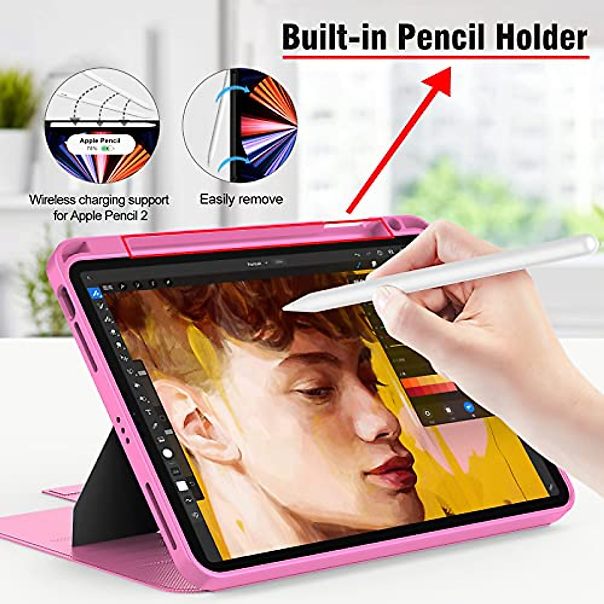 OCYCLONE Protective Case Compatible with iPad Pro 11 inch 3rd 2nd Generation 2021 2020, 6 Viewing Angles Magnetic Stand with Pencil Holder Smart Auto Wake Sleep, Pink