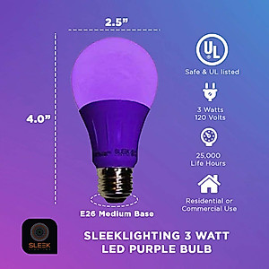 SLEEKLIGHTING Purple Light Bulb A19 LED, 120 Volt - 3-Watt Outdoor Light Bulbs- Medium Base - UL-Listed Purple LED Light Bulb- Lasts More Than 20,000 Hours 4pack