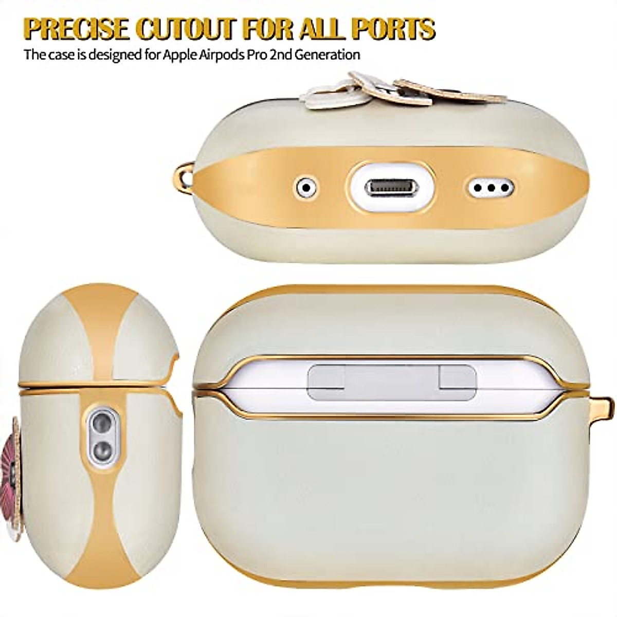 V-MORO for Airpods Pro 2nd Generation Case, Flower AirPod Pro 2 Leather Case Protective Floral Hard iPod Pro 2 Case for Women Men with Keychain for Airpods Pro 2(2022), Rice White