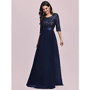 Ever-Pretty Women's Round Neck Sequin 3/4 Sleeve Party Dress Chiffon Cockatil Dress Navy Blue US6