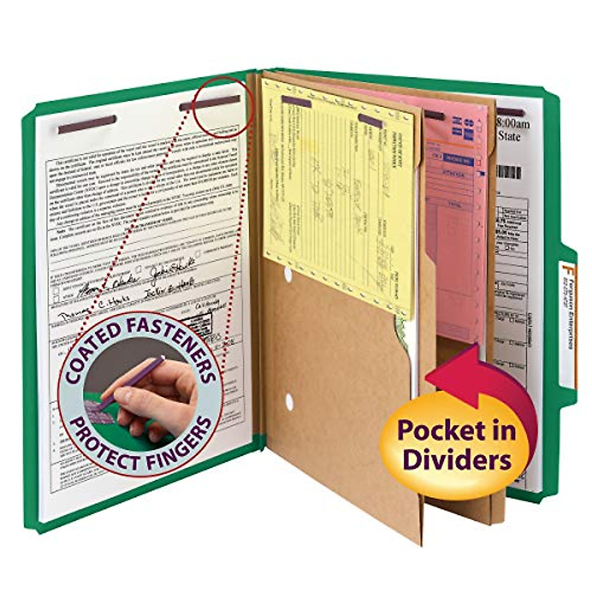 Smead Pressboard Classification File Folder with SafeSHIELD Fasteners, 2 Pocket Dividers, 2" Expansion, Letter Size, Green, 10 per Box (14083)