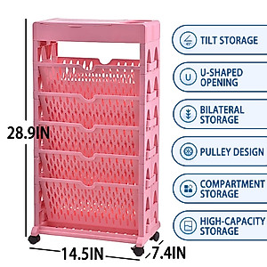 YAYLAIP Rolling Bookshelf Cart,6-Tier Large Capacity,on Wheels Moveable Office Desk File Bookshelf Organizer,with Wheel Multilayer Rotatable,Mobile Portable Removable Plastic Practical Rolling（Pink
