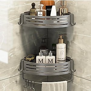 hombäde Double Corner Shower Caddy, Triangle Shelf Organizer, Adhesive Shower Shelves, Rustproof, No Drilling