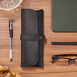 GORGECRAFT Retro Black Crazy Horse Leather Pencil Case Genuine Leather Snap Cover Pen Cases Large Capacity Leather Pencil Pouch Vintage Holders for Pen Pencils Men Women Glasses Sunglasses