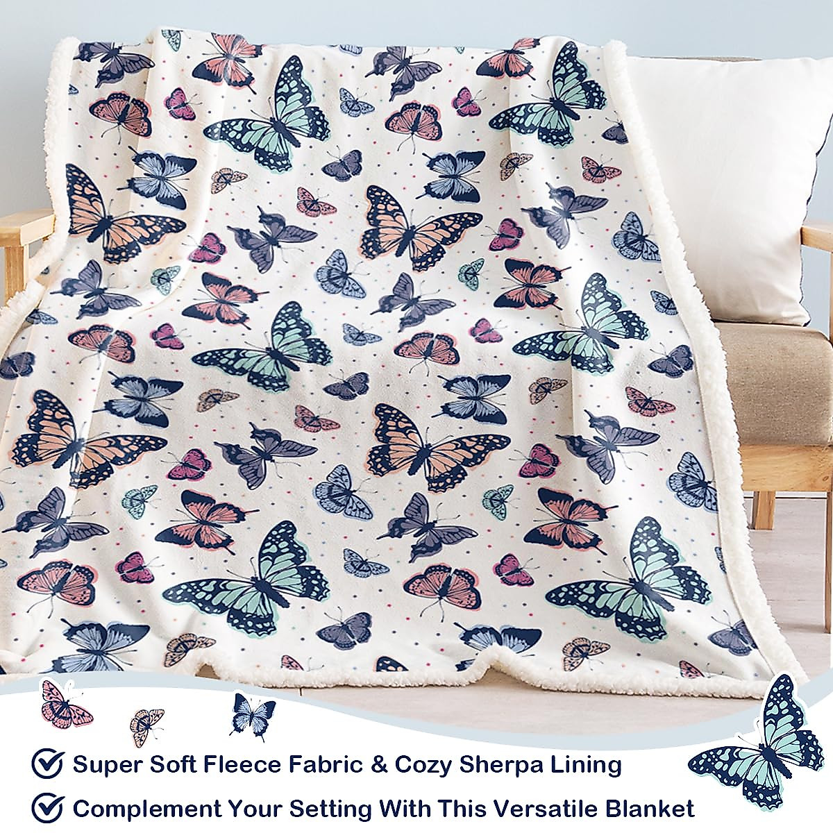 SOULZZZ Garden Purple Butterfly Sherpa Throw Blanket Soft Blankets and Throws Lightweight Plush Butterfly Gifts for Women Kids Girls Butterfly Lovers Gifts (Colorful Butterfly, 50X60 Inches)