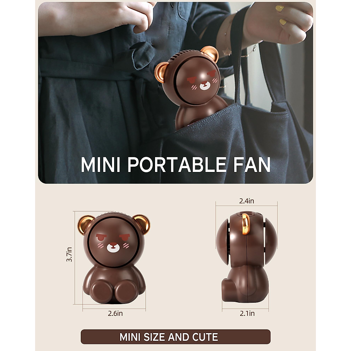 wegte Bear Fan, Portable Neck Fan, Cute Handheld Fan, Rechargeable Battery Powered Fan, 2 Speed Wind, Bladeless Design, Exquisite Appearance, Gift for Kids Girls Women, Brown