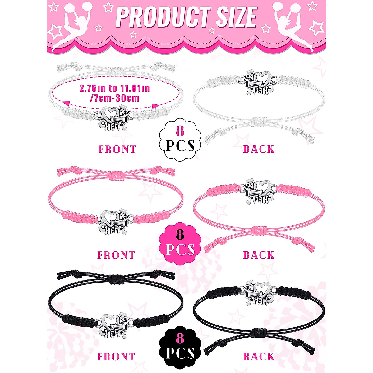 Rtteri 24 Pieces Cheer Gifts for Cheerleaders Adjustable Cheers Charm Bracelets Cheerleader Gifts for Girls Cheer Team Cheer Gifts Bulk