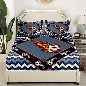 Erosebridal Soccer Sheet Set for Kids Boys Girls,Black Blue Geometric Striped Bed Sheets King,Flame Football Bedding Set,Modern Sports Ball Print Fitted Sheet + Top Sheet + 2 Pillowcases