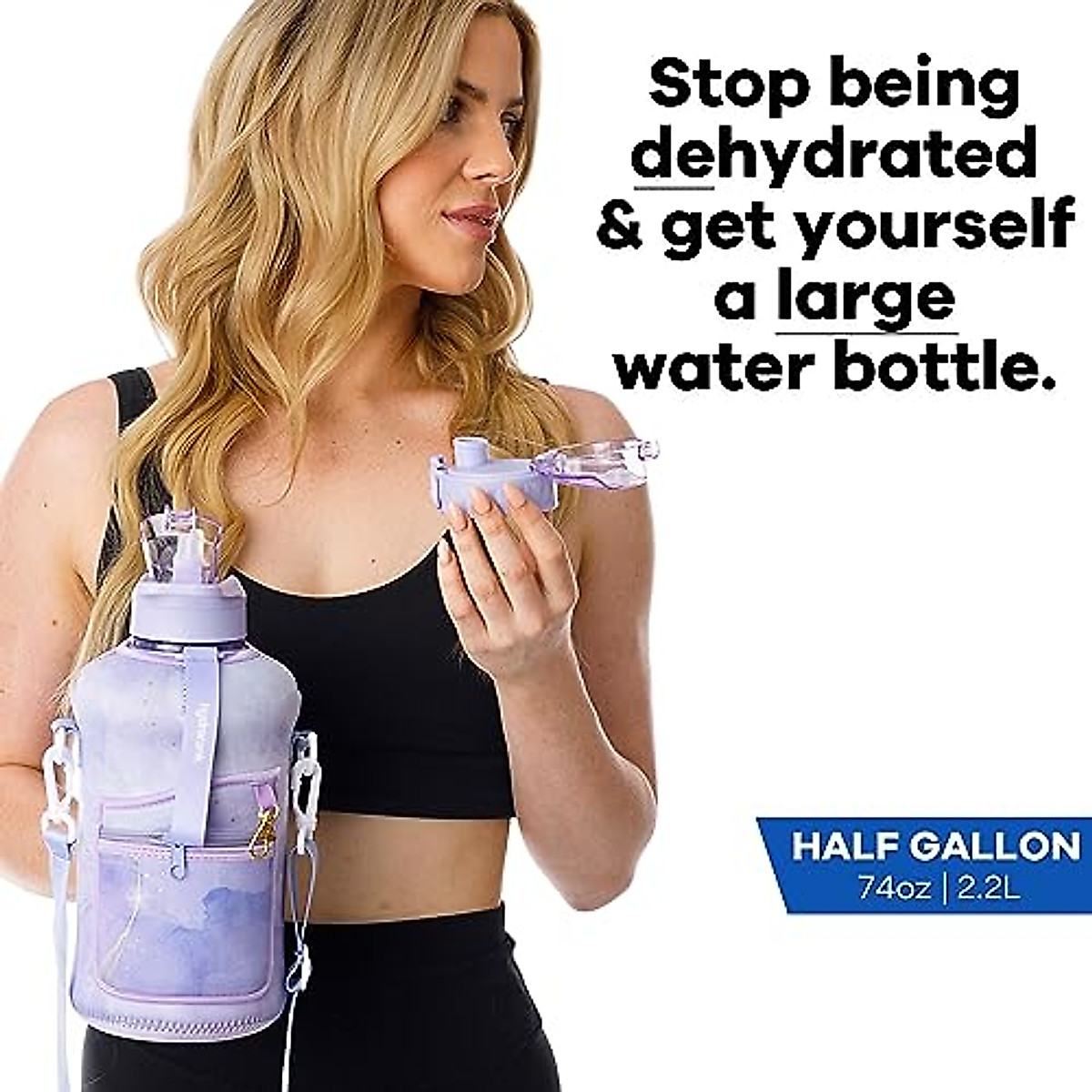 HYDRARANK Half Gallon Water Bottle with Sleeve - BPA Free Gym Water Bottle with Straw and Spout Lid - Leak Proof - Reusable Large Water Jug with Strap, Handle for Daily Hydration (74 Ounce)