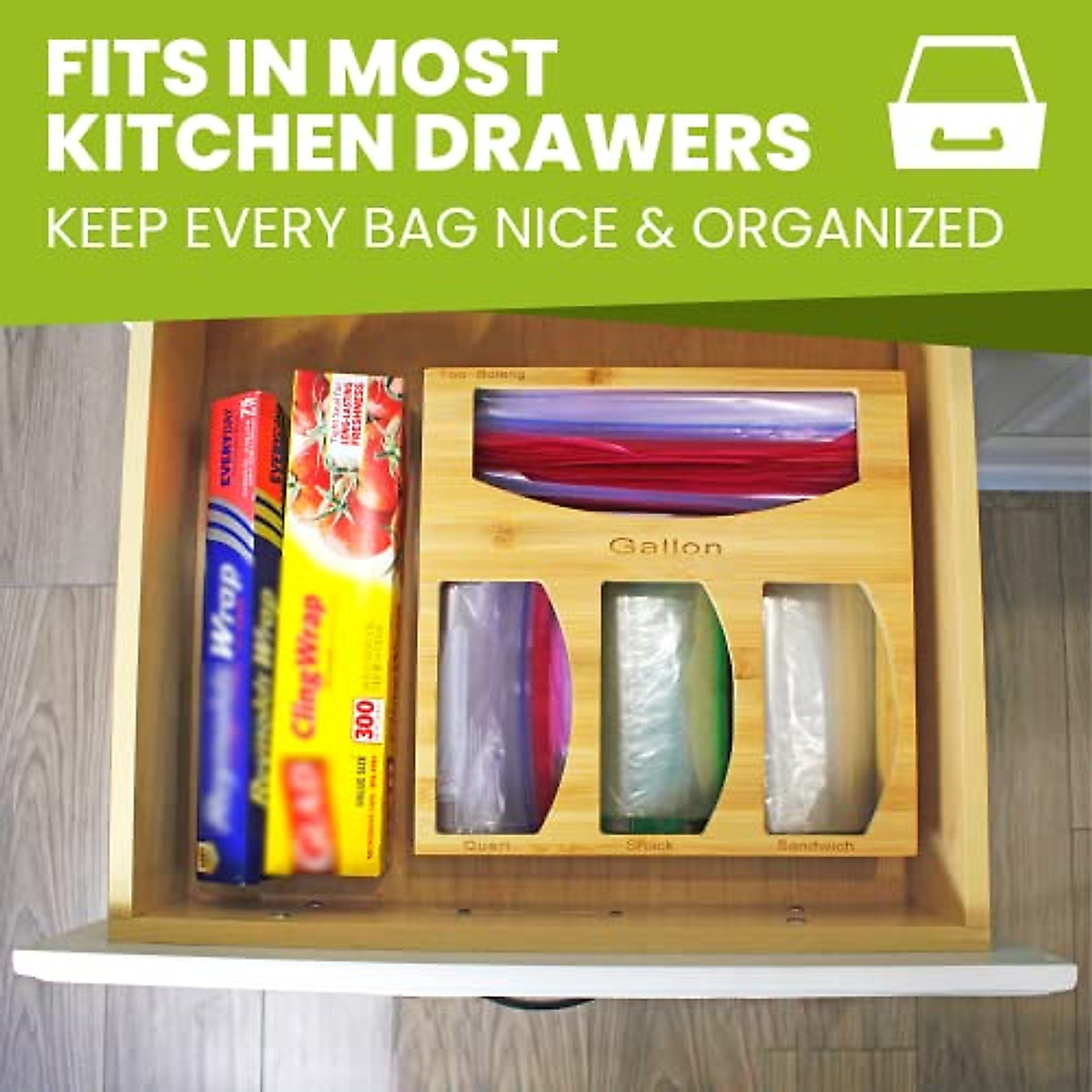 Top Boleng Bamboo Plastic Ziplock Bag Organizer Storage for a Kitchen Drawer and Kitchen Organization, Compatible With Most Ziplock Sandwich and Snack Variety Bags