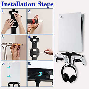 PS5 Wall Mount, Wall Bracket for Playstation 5 (Disc and Digital Edition) with Detachable Controller Holder & Headphone Hanger, Stealth Mount for PS5, Black