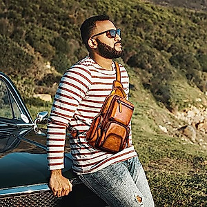 NIUCUNZH Genuine Leather Sling Bag Vintage Handmade Crossbody Bags Shoulder Backpack Hiking Daypack Travel Pack Brown