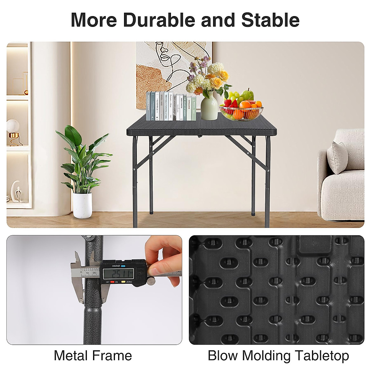 REDCAMP 32" Square Folding Card Table with Ratten Top, Portable Fold in Half Small Card Tables with Adjustable Legs for Adults Indoor Outdoor Use, Black