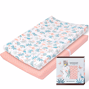 My Little Zone 100% Cotton Changing Pad Cover for Baby Girls, Flamingo - Breathable Bassinet, Mini Crib Mattress Fitted Sheets - Jungle Leaves, 32"x16" with 8" Deep Pocket, White-Coral Pink, 2 Pack