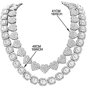 shopbyskyler 2PCS Clustered Diamond Tennis Chain Miami Cuban Link Chain for Women 15MM Clustered Heart Iced Out Miami Cuban Necklace Hip Hop Jewelry Gifts (16inch/18inch, Silver)