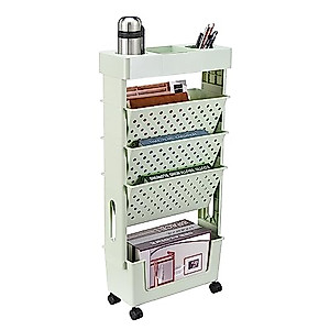 5 Tier Book Rack Storage Bookshelf, Movable Bookshelf Multilayer Capacity Rotatable Removable Plastic Practical Rolling Organization Shelf with Wheel, Bookshelves for Kids Students Study (Green)