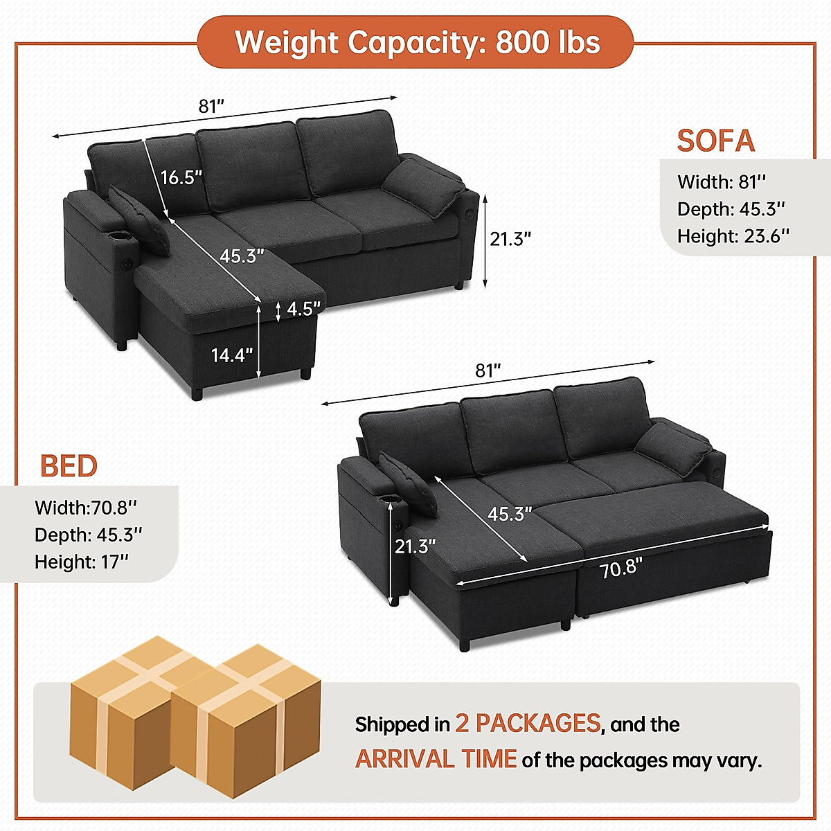 DURASPACE Sofa Bed, Sleeper Sofa Couch with Pullout Bed for Living Room, L Shaped Couch with Storage Chaise, USB, Cup Holder (Dark Gray)