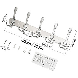 Damita Coat Rack Wall Mount - 5 Tri Hooks, Heavy Duty Coat Hooks for Bathroom, Mudroom, Entryway, Kitchen, 304 Stainless Steel Modern Wall Hook Rack (1 Pack, Silver)