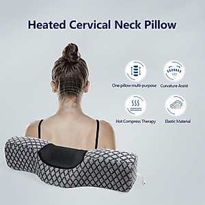 Neck Pillows for Pain Relief Sleeping, Heated Memory Foam Cervical Neck Pillow with USB Graphene Heating and Magnetic for Stiff Neck Pain Relief, Neck Support Pillow Bolster Pillow for Bed (Grey)