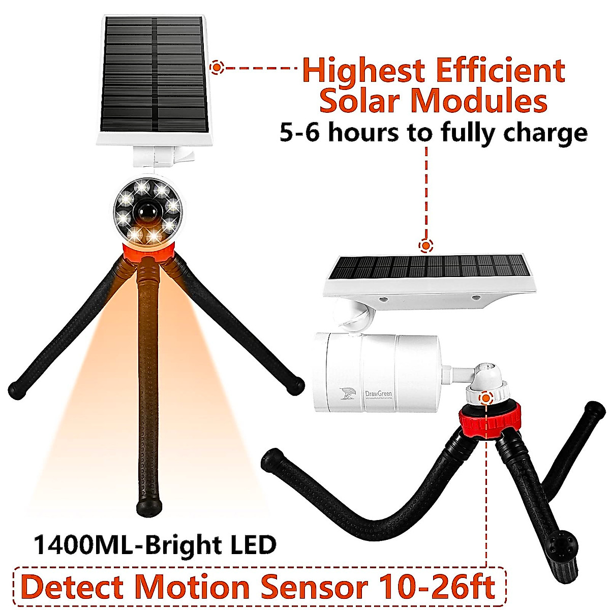 Camping Motion Sensor Light Outdoor Waterproof Aluminum, 9W 1400LM (130W Equi.) Solar Camping Lights, Solar Power Motion Sensor Flood Led Spotlight for Camp Porch Deck Path Patio Yand Post Step